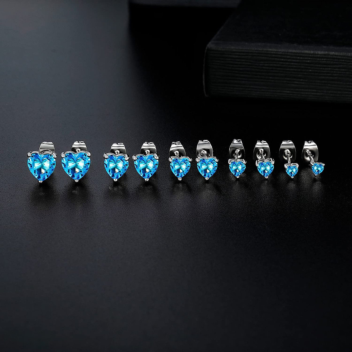 MDFUN 18K White Gold Plated Heart Shape Cut Cubic Zirconia Birthstone Stud Earring Pack of 5 Pairs (12-December-Turquoise)