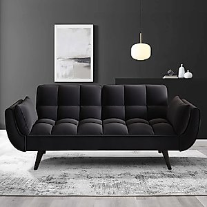 KINFFICT 57 inch Black Futon Sofa Couch Bed, Comfy Velvet Upholstered Loveseat, Convertible Sleeper Sofa cama with Adjustable Backrest, Mid Century Modern Sofas for Living Room, Bedroom, Small Space