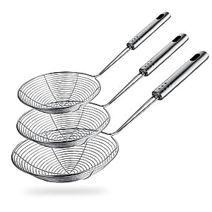 Spider Strainer Skimmer Spoon, HSpiow Set of 3 Sizes Frying Spoon Stainless Steel Fryer Scoop Wire Strainer Ladle with Long Handle for Kitchen Frying Cooking Food Pasta