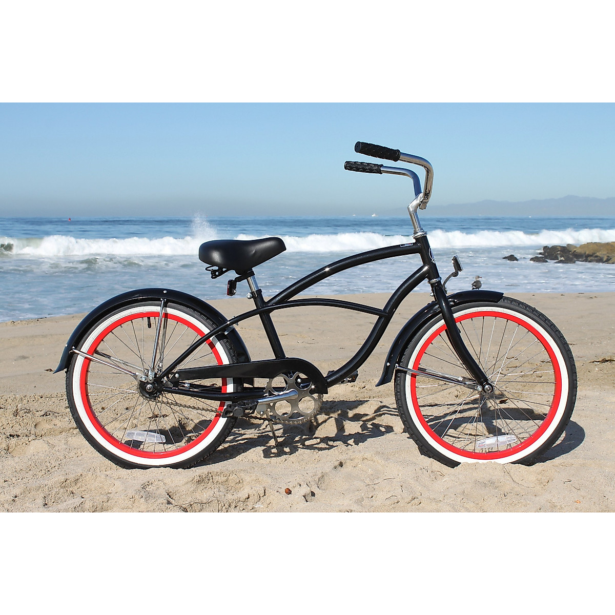 Firmstrong Urban Boy Single Speed Beach Cruiser Bicycle, 20-Inch, Black w/ Red Rims