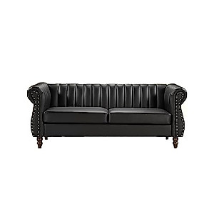 Container Furniture Direct Chesterfield-Inspired 77" Faux Leather Sofa with Elegant Design, Gourd Legs, and Sustainable Pleather Upholstery, 3 Seater Couch for Living Rooms and Offices, Black
