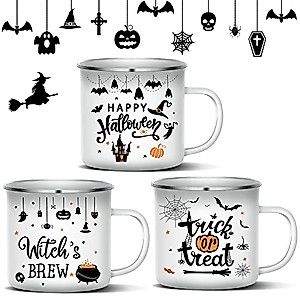 3 Pieces Halloween Coffee Mugs 16 oz Enamel Mugs Witch's Brew Trick or Treat Happy Halloween Coffee Cups Nice Present for Friend, Mom, Sister, Coworker (Bat Style)