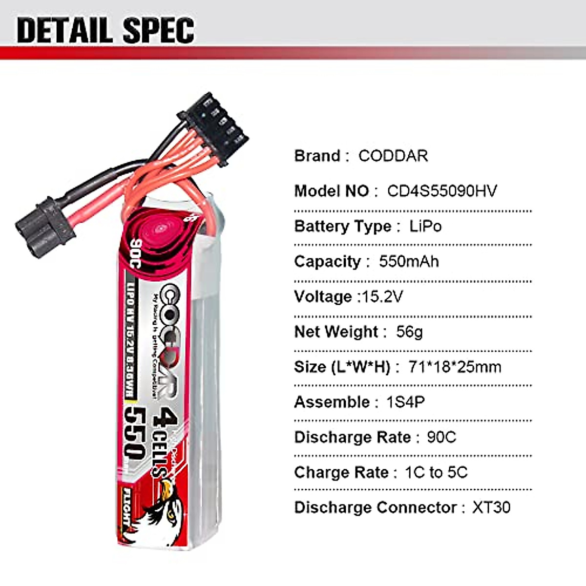 CODDAR 2 Packs 550mAh 4S 15.2V 90C HV LiPo Battery with XT30 Connector for RC Racing Drone FPV Quads Quadcoper Like Brushless Torrent 110 Beta FPV Beta 85X Whoop
