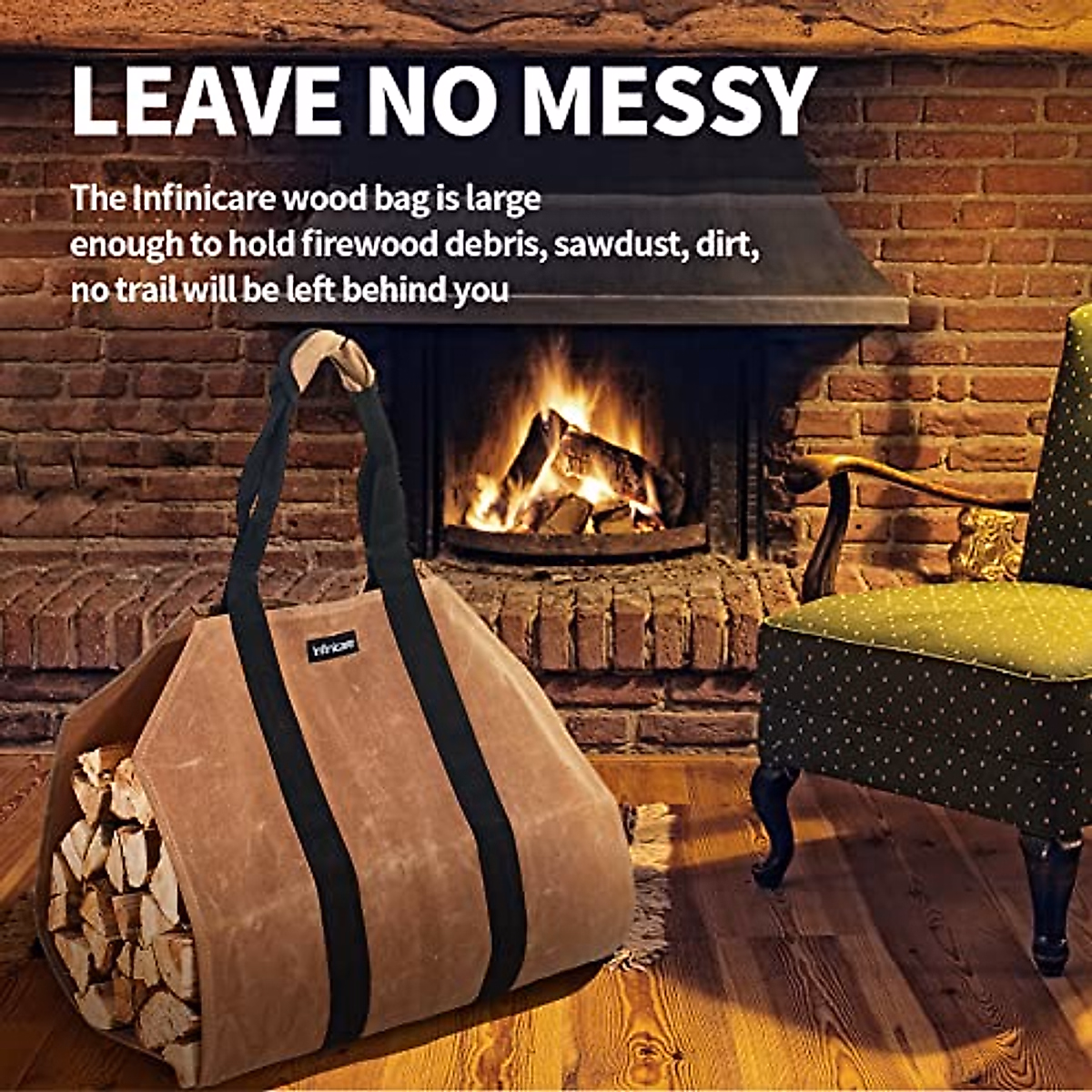 Infinicare Firewood Carriers with Handles - Heavy Duty Canvas Firewood Bag with Handles - Durable Wood Carrier for Firewood, Suitable for Indoor Fireplace and Outdoor Camping - Brown