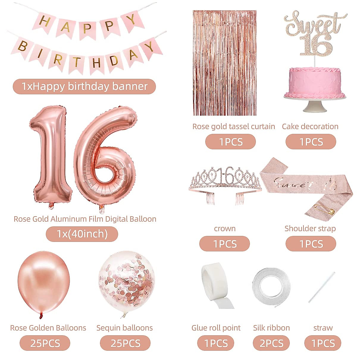 Sweet 16 Birthday Decorations for Girls, Rose Gold 16 Birthday Banner, Crown, Sash, Birthday Cake Topper and Number Balloon, Happy 16th Birthday Party Supplies for Girls