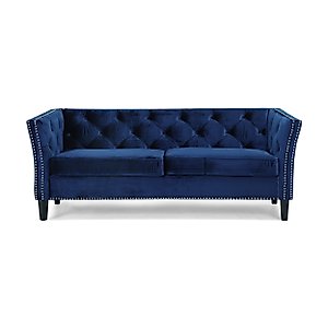 Christopher Knight Home Sunny Velvet 3 Seater Sofa, Midnight Blue, Dark Brown