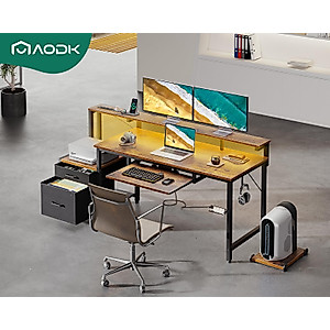 AODK 63-Inch Computer Desk with Power Outlet & LED Light, Reversible Office Desk with File Cabinet and Drawer, Gaming Desk with Keyboard Tray, Study Table with Full Monitor Riser and PC Stand, Vintage