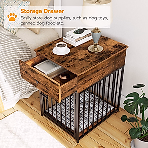 HOOBRO Dog Crate Furniture, Wooden Dog House, Decorative Dog Kennel with Drawer, Indoor Pet Crate End Table for Small Dog, Steel-Tube Dog Cage, Chew-Proof, Rustic Brown and Black BF01GW03