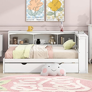 HoRunzelin Twin Size Daybed with Trundle, Storage Cabinets and Charging Station, Pine Wood L Shaped Bookcase Bed Platform Bed with Shelves for Kids Boys Girls, White