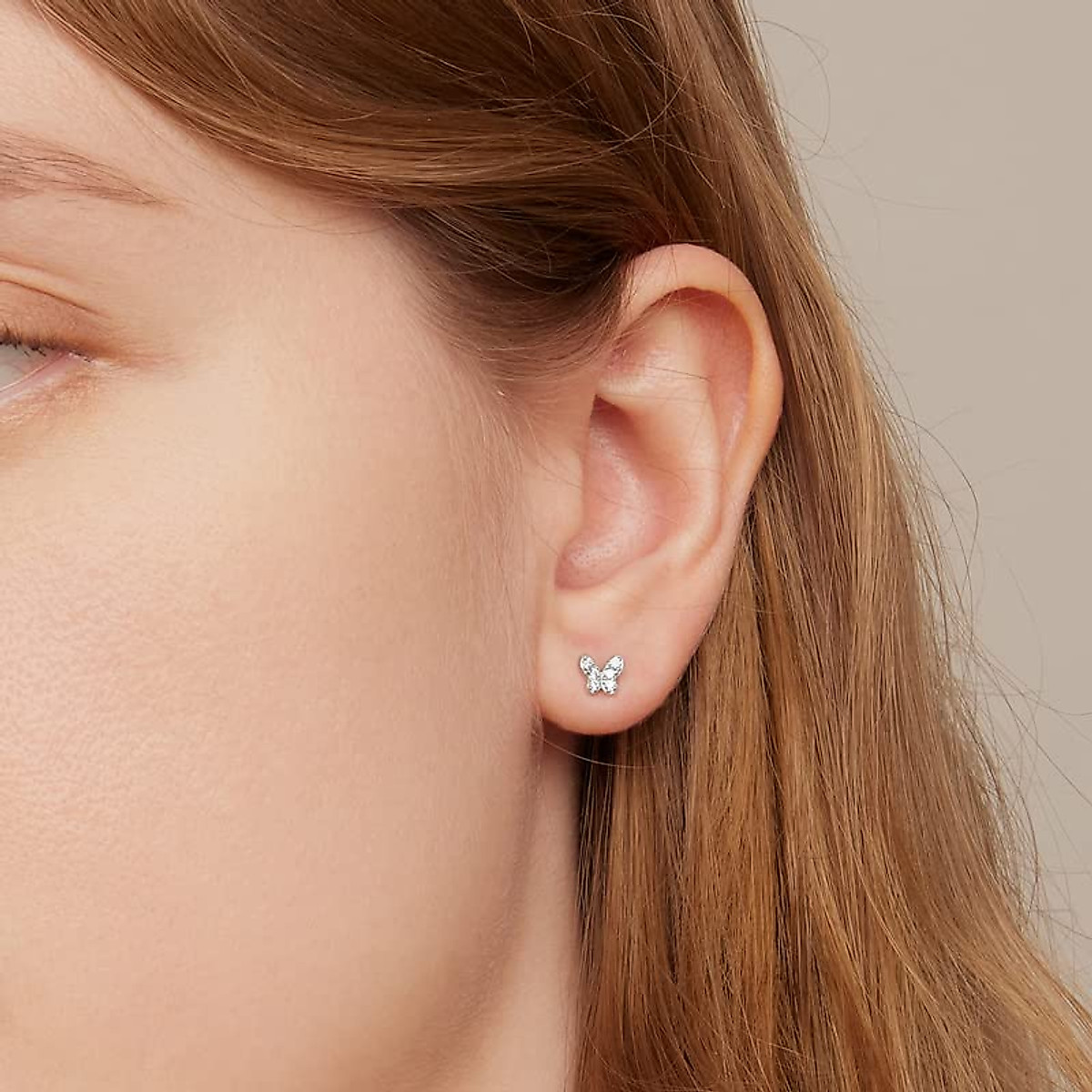 BISAER 925 Sterling Silver Tiny Butterfly Earrings With Screw Back Cubic Zirconia Stud Earrings for Women Cartilage Jewelry