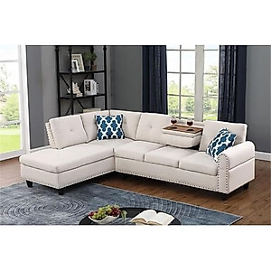 Devion Furniture Polyester Fabric Sectional Sofa with Lift-top Storage Ottoman, Tufted Design, in Beige Finish