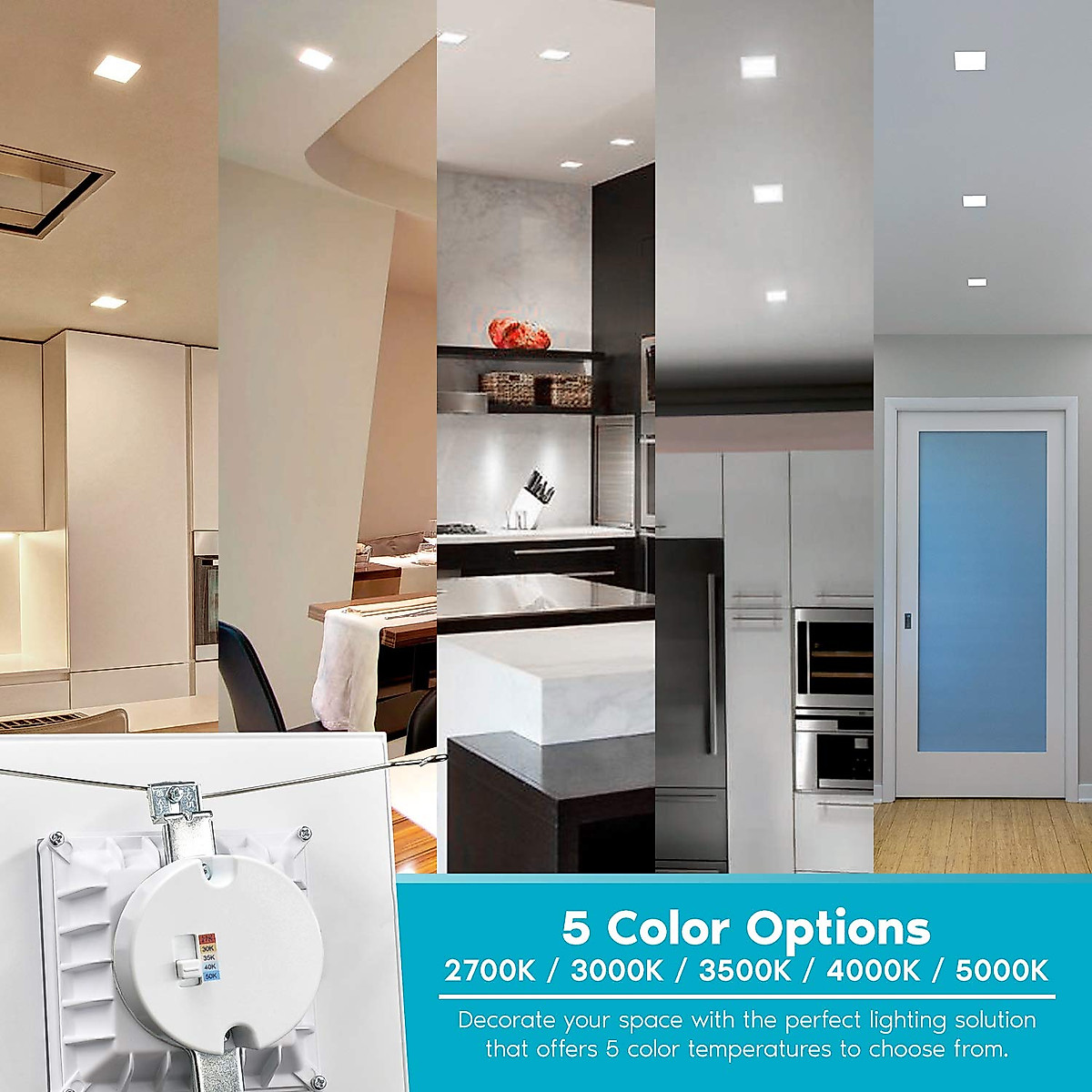 LUXRITE 5/6 Inch LED Square Recessed Lighting, 14W=90W, 5 Color Selectable 2700K | 3000K | 3500K | 4000K | 5000K, Dimmable LED Downlight, 1100 Lumens, Wet Rated, Energy Star, IC Rated (4 Pack)