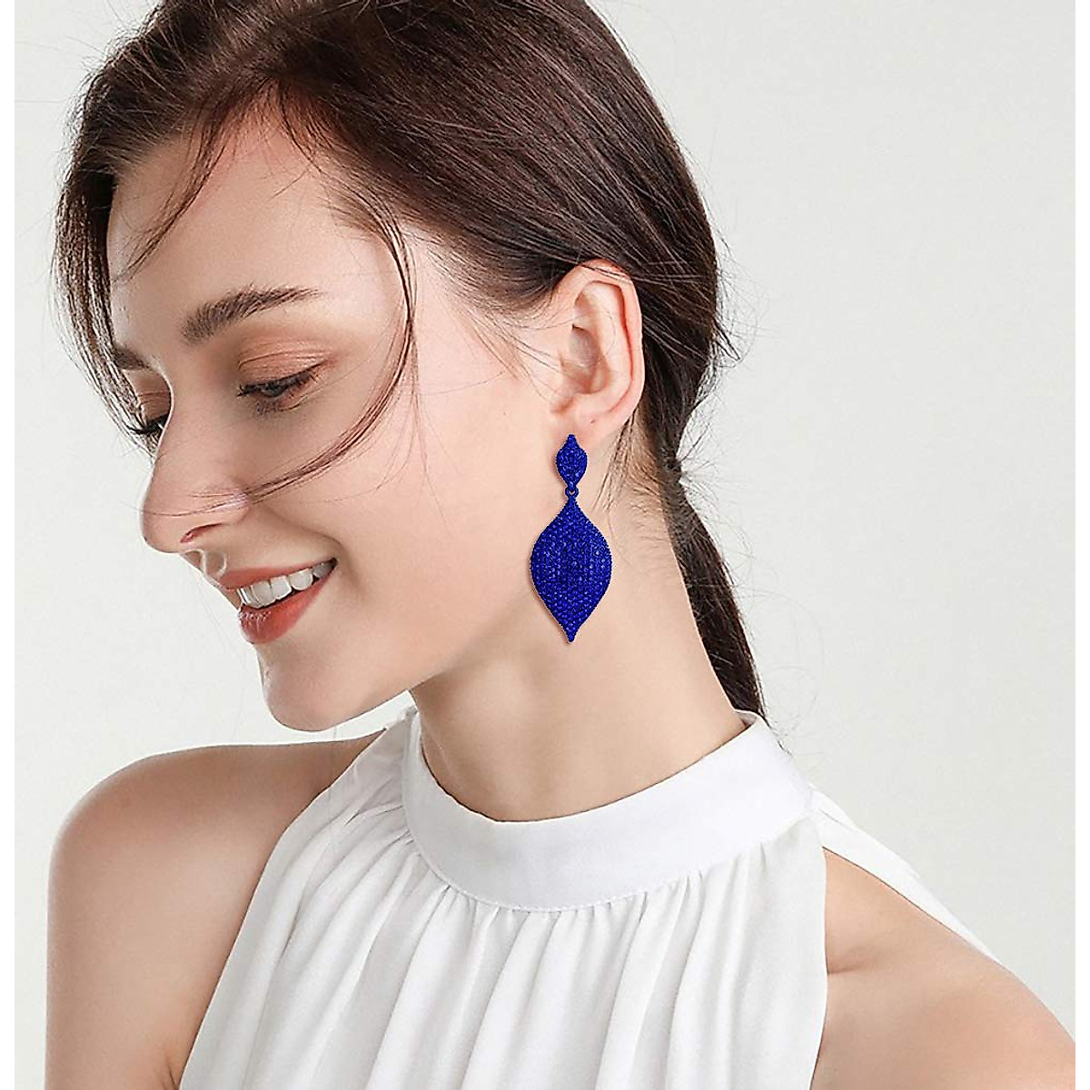 EVER FAITH Prom Ear Jewelry Rhinestone Crystal Rhombus Leaf Drop Pierced Earrings Royal Blue Blue-Tone