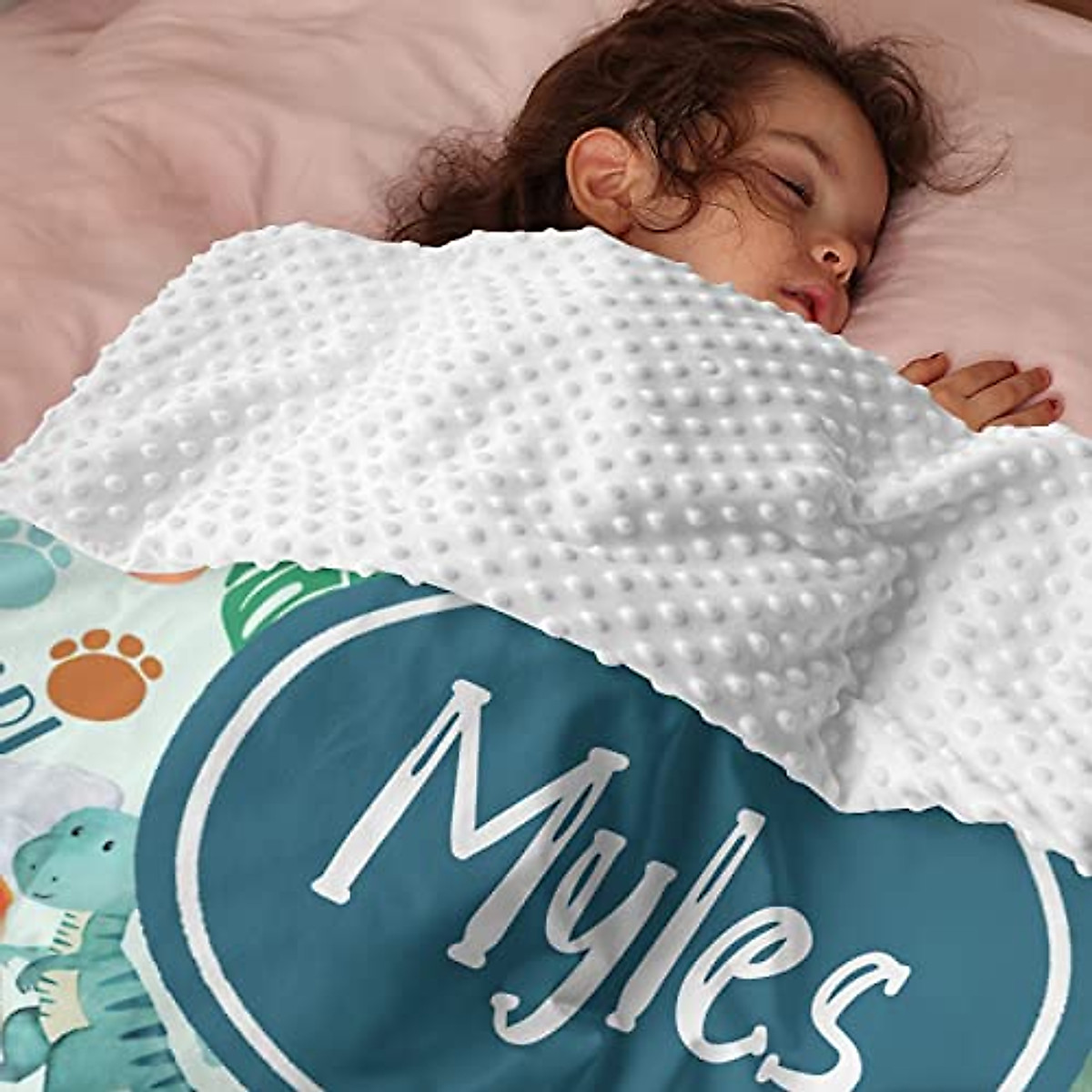 Dinosaur Custom Baby Blanket with Name Personalized Baby Blankets for Boys Girls Toddler Blanket Newborn Super Soft Comfy Patterned Minky with Double Layer Dotted Backing 35 x 45 Inch