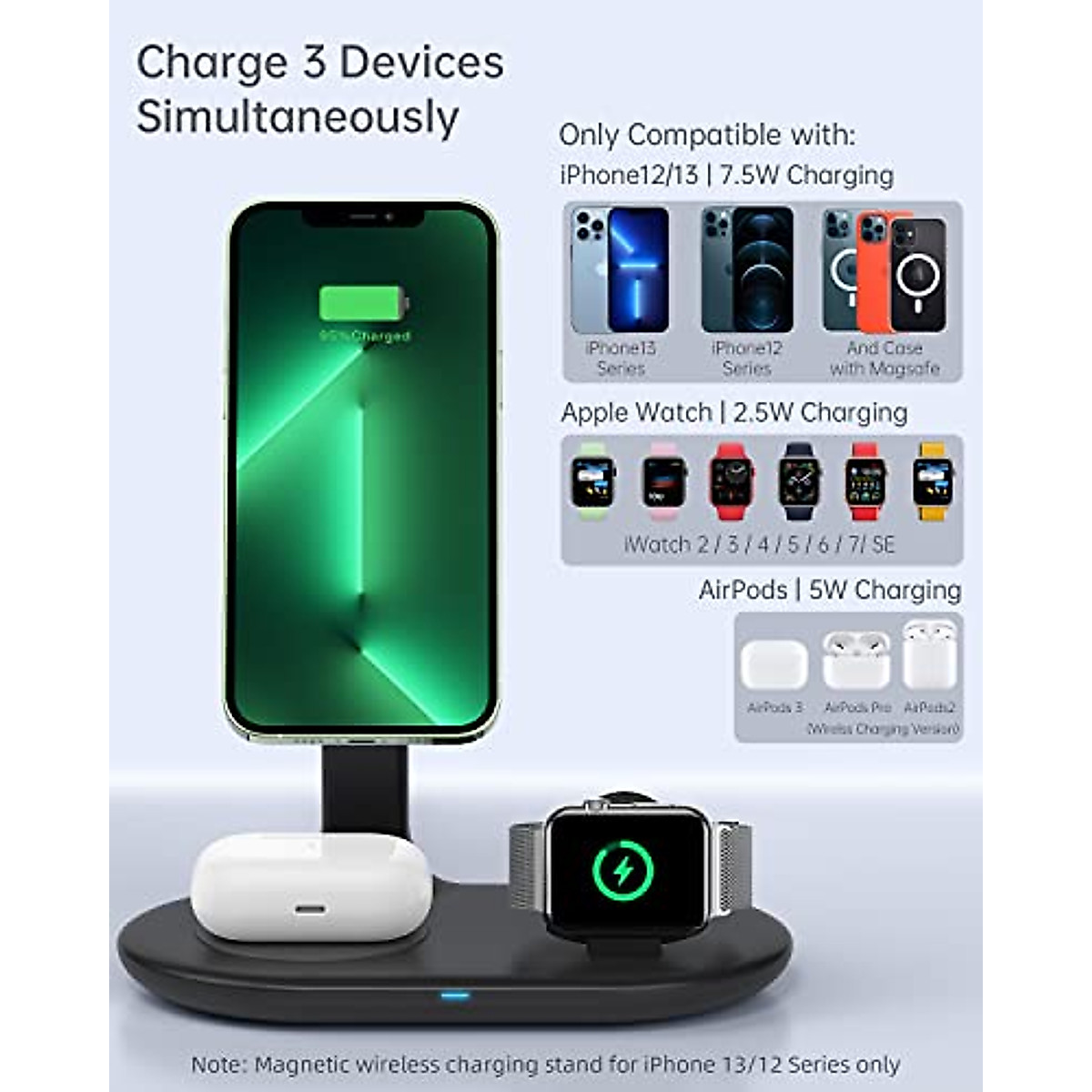 Magnetic Wireless Charging Stand with 20W PD Adapter, TERYTH 3 in 1 Wireless Charging Station Dock for iPhone 14, 13, 12, Pro, Pro Max, Mini, Apple Watch 7/SE/6/5/4/3/2, AirPods Pro/3 (Black)