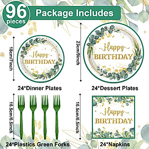 96 Pieces Greenery Eucalyptus Happy Birthday Plates Eucalyptus Birthday Themed Party Decorations Green Leaf Baby Shower Party Dessert Paper Plates Napkins Forks Supplies for 24 Guests Tableware Set