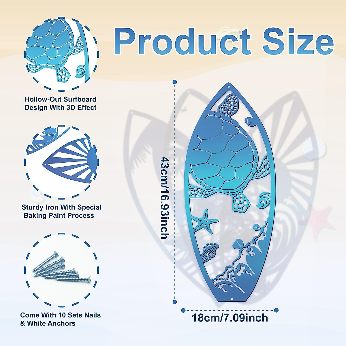 4Pcs Metal Surf Board Wall Decor Summer Surfboard Beach Signs Shark Palm Tree Wall Art Tropical Wall Decor Hanging Coastal Wall Decor Sea Turtle Wall Decoration for Wall Door (Blue)