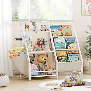 LATIBELL 3 Tier Kids Bookshelf and Toy Storage, Kids Book Sling Shelf, Montessori Baby Toddler Bookshelf for Kids, Kids Bookcase, Toy Storage Organizer, for Playroom, Bedroom, Nursery (White)