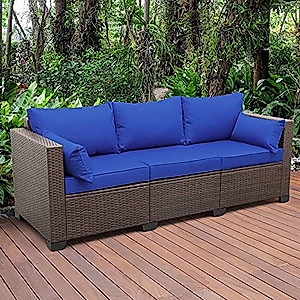 3-Seat Patio PE Wicker Sofa, Outdoor Rattan Couch Furniture Steel Frame with Furniture Cover and Deep Seat High Back, Royal Blue Anti-Slip Cushion