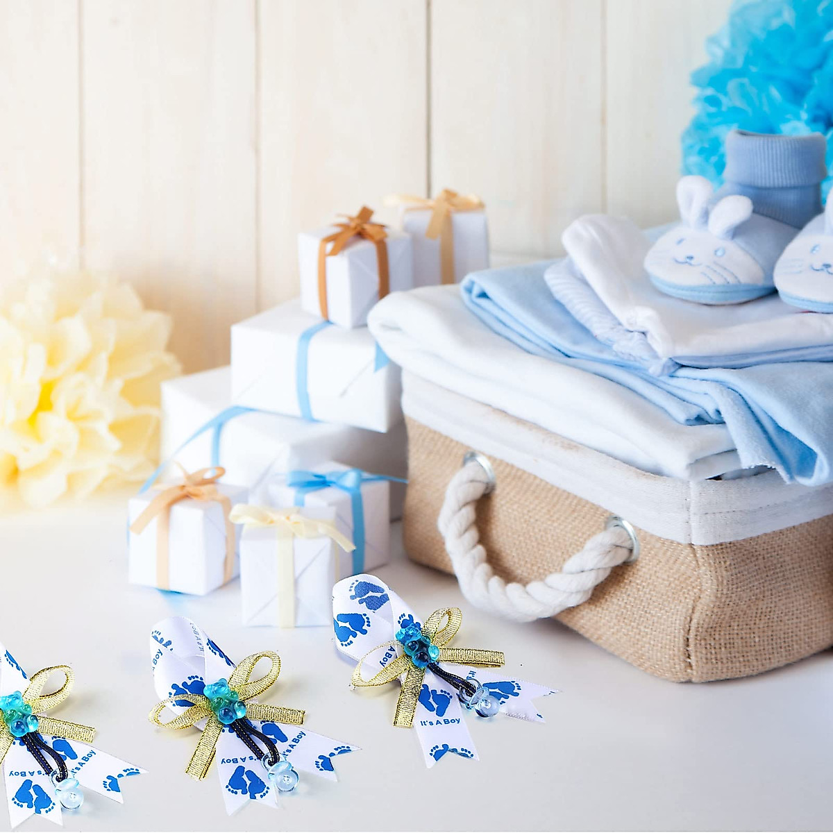 50 Pcs Baby Shower Bowknot Brooch Pins Baby Shower Gifts It's a Boy Ribbon Brooch with Blue Pacifier and Bear for Gender Reveal Party Decorations Baby Shower Party Favors
