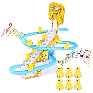 Fun Duck Climbing Stairs Track Toys Electric Music Slide Stair Climbing Toy with 6pcs Ducks Puzzle Assembly Toy for Kids Gift