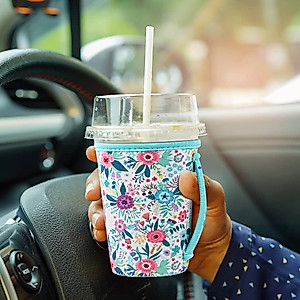 3 Reusable Iced Coffee Sleeves for Iced Coffee Cups or Drinks Reusable Neoprene Insulated Sleeves for Hot and Cold Drinks from Starbucks, Dunkin, And More (White Flower Bush)