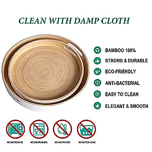 Bamboo Serving Tray with Handles Set of 2, Round Shallow Bamboo Tray, Natural Bamboo Wood Decorative Rustic Trays for Coffee Table, Tea, Food, Cocktail, Drink, Ottoman, Breakfast Party (Matte White)