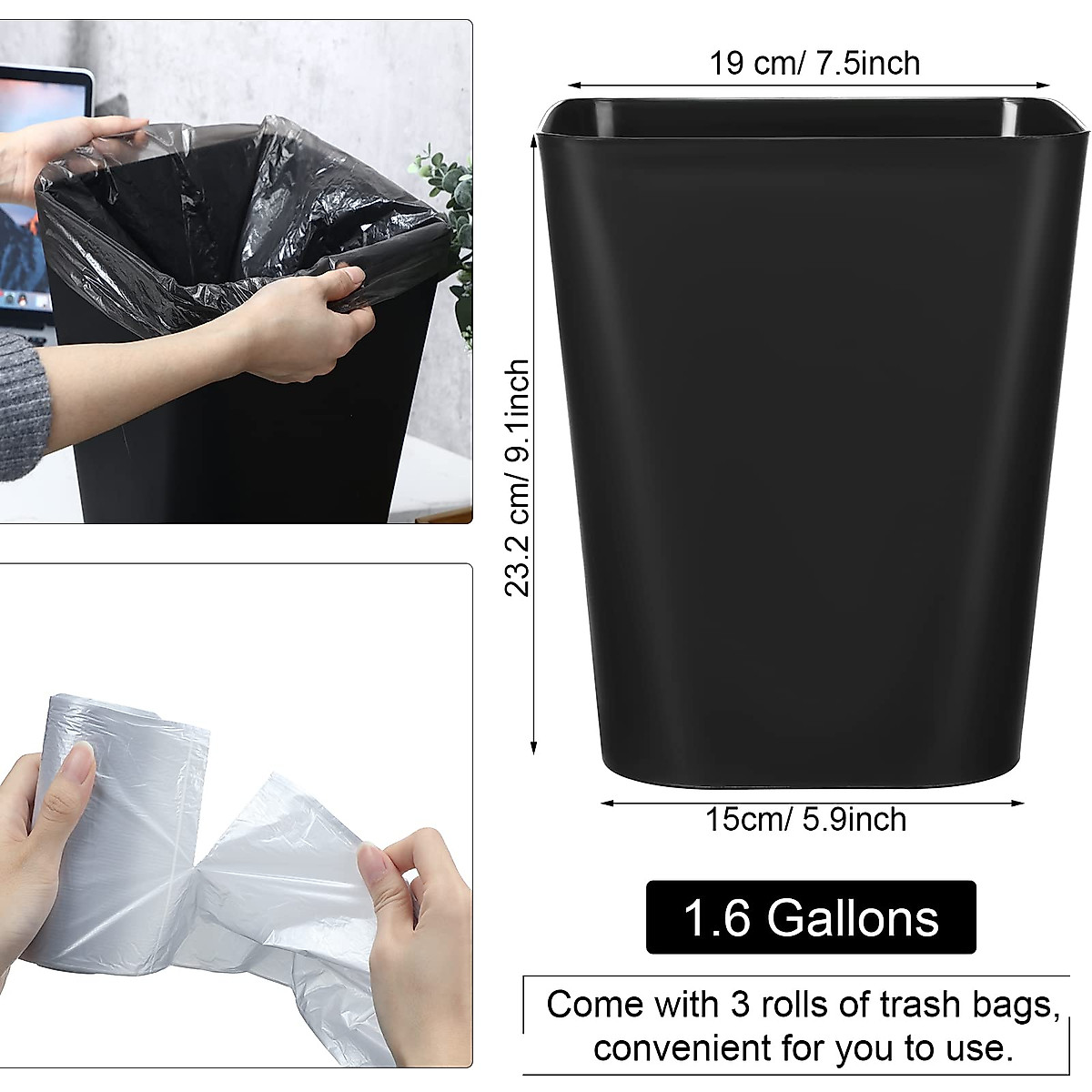 Eccliy 6 Pack Plastic Trash Can with 3 Rolls of Trash Bags Small Wastebasket Trash Can Garbage Container Bin, Trash Bin for Bathroom, Bedroom, Home Office, Living Room, Kitchen (Black, Medium)