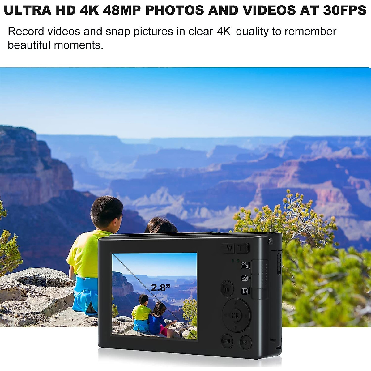 eDealz 4K Compact Point & Shoot Digital Camera, 48MP, 16X Digital Zoom, 2.8" Screen & 32GB SD Card, Card Reader, 6" Tripod & 6PC Card Holder Vlogging Camera for Kids Teens Students Boys Girl (Black)