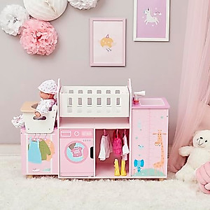 Olivia's Little World Amanda 6-in-1 Wooden Doll Nursery Station with Rocking Cradle, High Chair, Storage, Washing Machine and Sink - for 3 yrs and up, Pretend Play House, Daycare - Pink/Multi