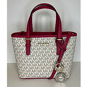 Michael Kors Jet Set Travel XS Carryall Convertible Top Zip Tote bundled with SM TZ Coinpouch and Purse Hook (Carmine Pink MK Multi)