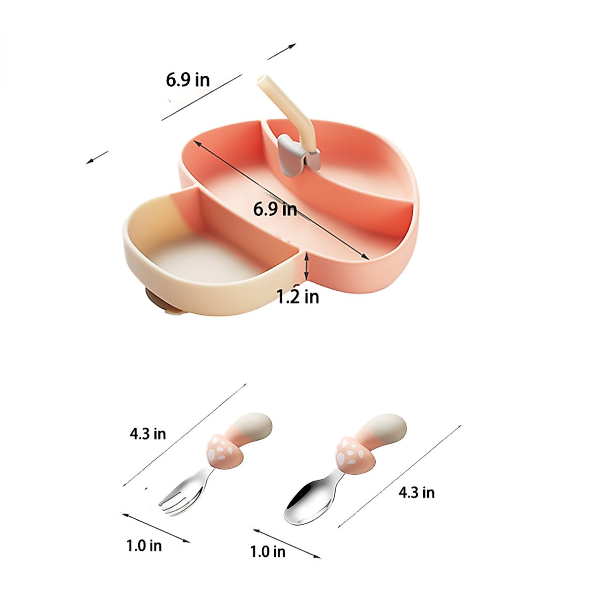 AHOTA Silicone Suction Plate for Toddlers, Spoon, Fork, Baby Eating Essentials, Toddler plate and Utensils Set(Silicone Baby Feeding Set - Pink Mushroom)