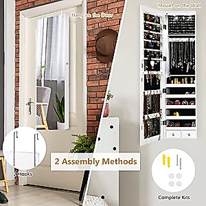 COSTWAY Mirror Jewelry Armoire, Wall Door Mounted Jewelry Organizer w/Full-length Mirror and 2 LED Lights, Lockable Large Capacity Jewelry Cabinet for Earrings, Necklaces, Bracelets (White)