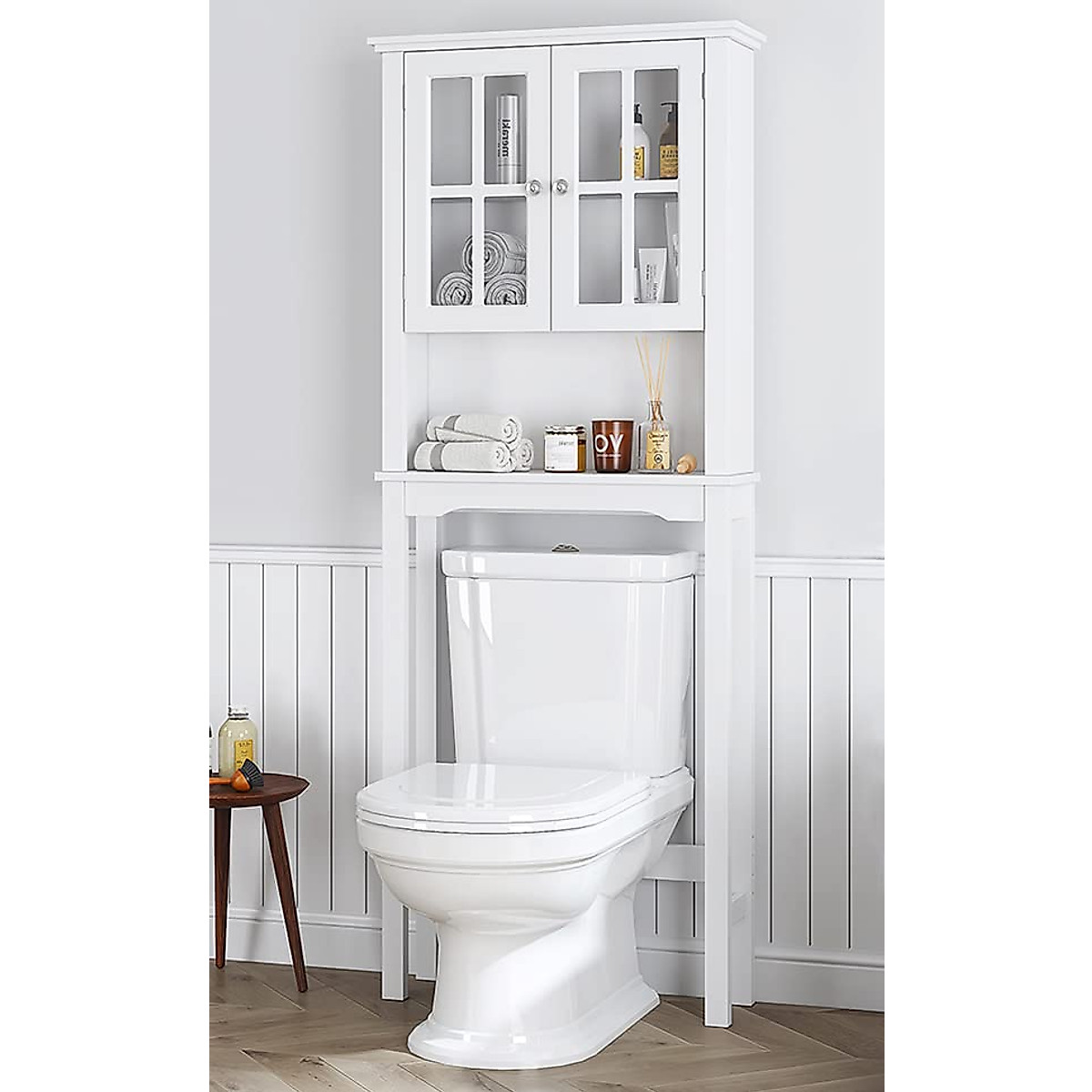 Spirich Bathroom Storage Cabinet Over Toilet, Over Toilet Storage Shelf Cabinet with Windowpane Glass Doors, Free Standing Space Saver Cabinet, White