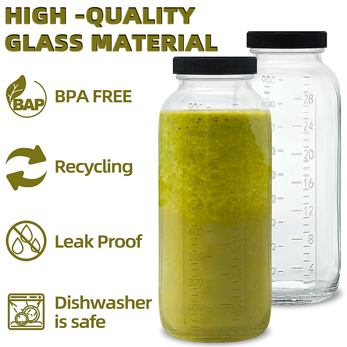 AiHeart 4pcs Glass Milk Bottles (32oz), Reusable & Dishwasher Safe, Perfect for Milk, Yogurt & More