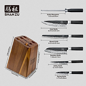 SHAN ZU 7-Piece Japanese Knife Set - 7 Layers 9Cr18MoV High Carbon Steel Kitchen Knife Set with Block and Sharpener,Ultra-Sharp Chef Knife Set with G10 Handle