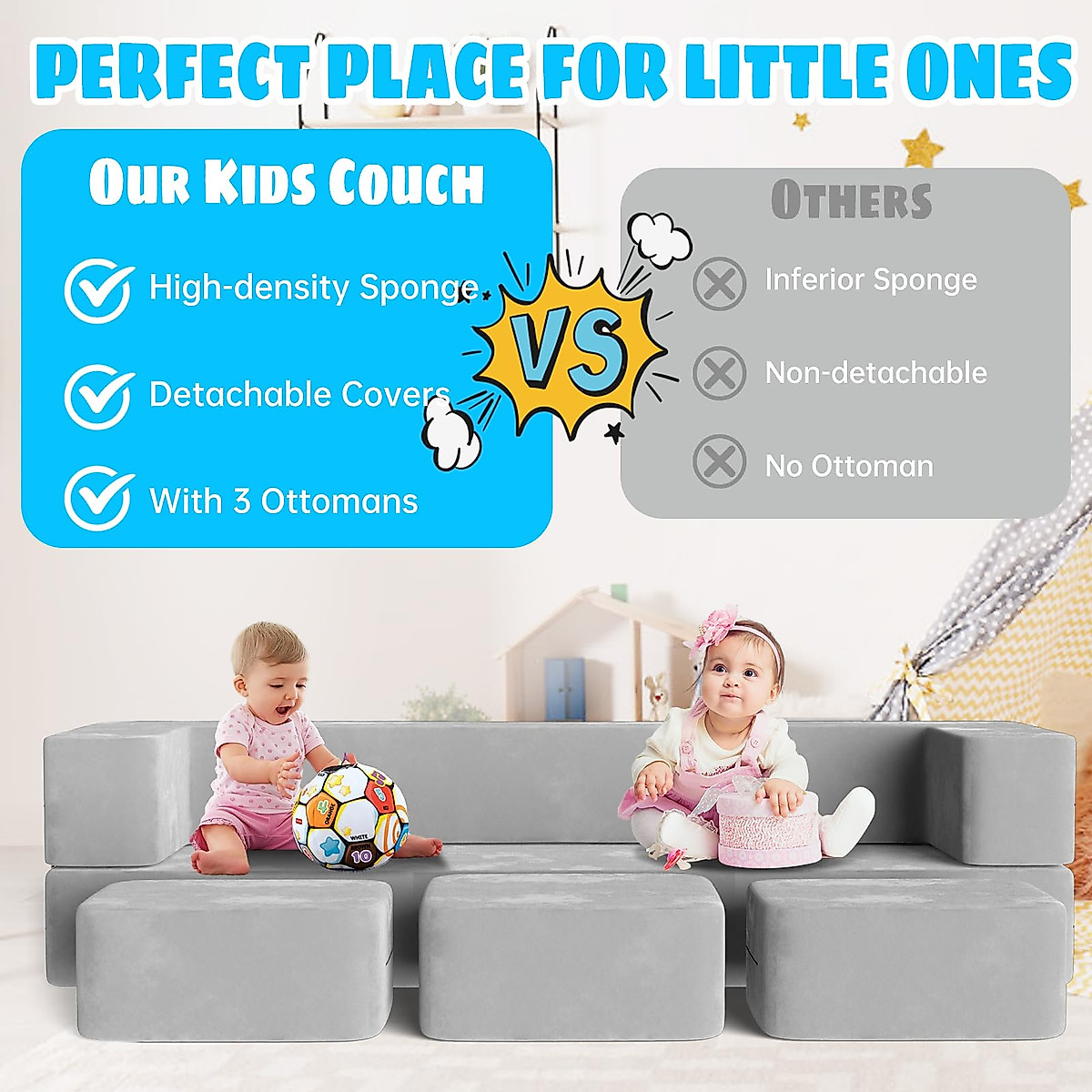 MOOITZ Modular Kids Play Couch, 5 in 1 Kids Couch with 3 Ottomans for Playroom Bedroom, Extra Large Modular Kids Couch for Boys and Girls, Kids Play Couch for Kids