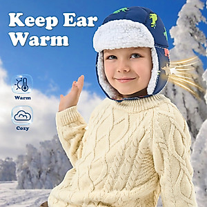 Winter Trapper Hat for Boys Girls Waterproof Warm Baby Toddler Ushanka Fleece Beanie Hats for 6M-6T (Navy Dinosaur, 2-4T)