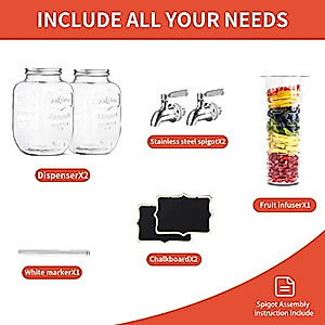1 Gallon Glass Drink Dispensers for Parties With Fruit Infuser,Marker,Chalkboard,2 Pack Beverage Dispensers With Spigot Stainless Steel,Mason Jar Drink Dispensers With Lids,Laundry Detergent Dispenser