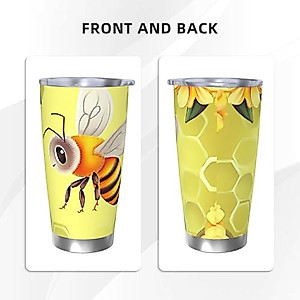 Bee in Flower Tumbler with Lid and Straw 20oz Stainless Steel Car Cup for Hot and Cold Drinks, Double Wall Insulated Travel Coffee Mug Reusable Drink Thermos Cup Birthday Gifts