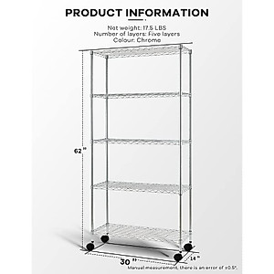 MGHH Garage Shelving, Metal Shelves 5 Tier Wire Shelving Unit Adjustable Heavy Duty Sturdy Steel Shelving Rolling Cart with Casters for Pantry Garage Kitchen (Chrome, 14" D x 30" W x 60" H)