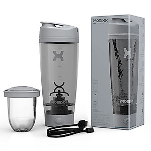 Promixx Pro Shaker Bottle | Rechargeable, Powerful for Smooth Protein Shakes | includes Supplement Storage - BPA Free | 20oz Cup (Cool Gray)