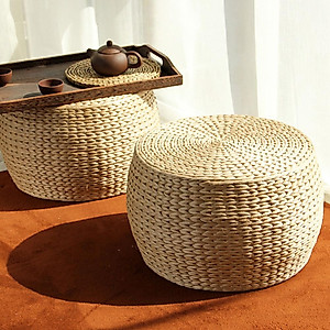 Baluue Round Pouf Ottoman 12.2" Patio Pouf Ottoman, Natural Jute Woven Boho Foot Rest Stool, Hand Woven Natural Seagrass Rattan Indoor Outdoor Patio Seat