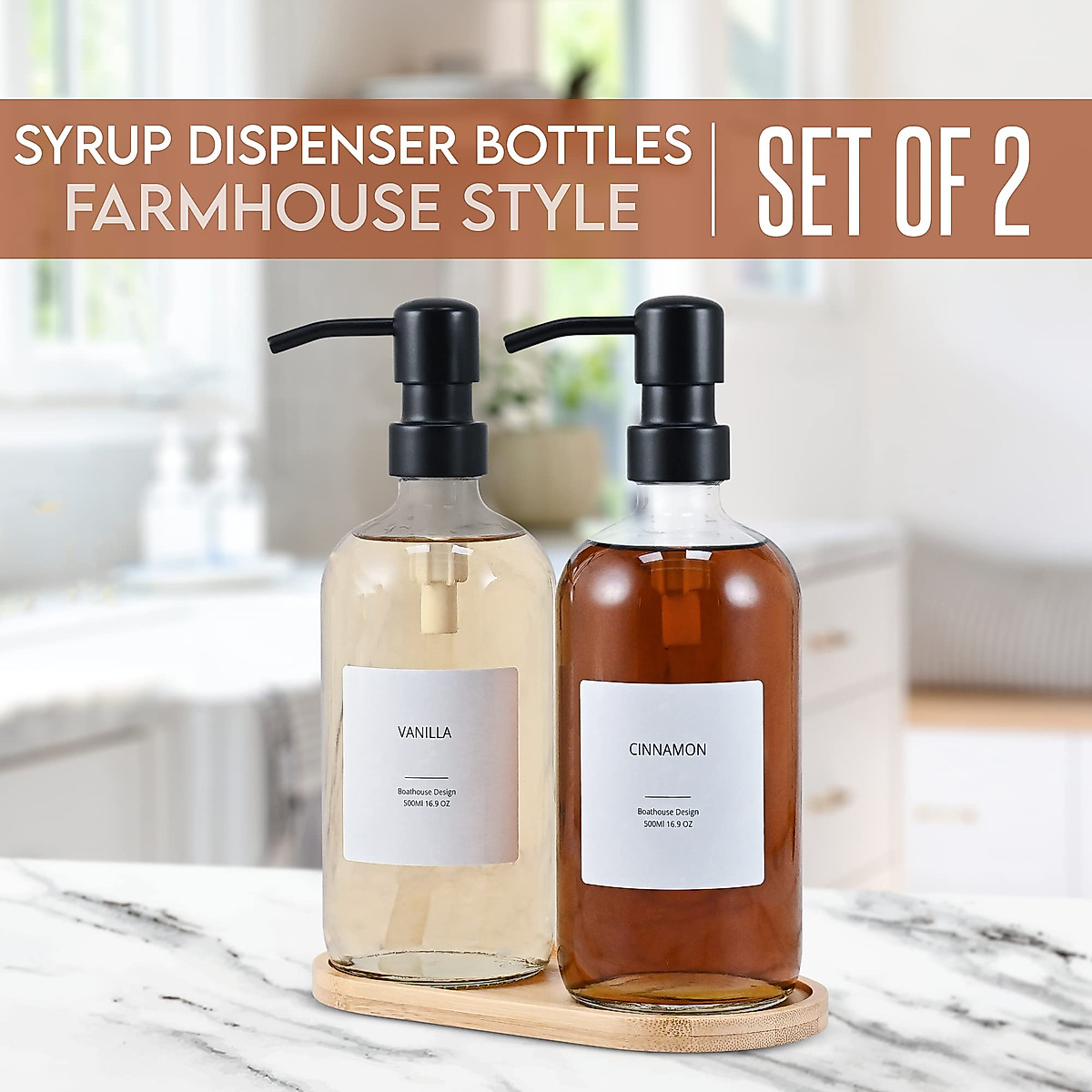 Coffee Syrup Dispenser for Coffee Station | Glass Syrup Dispenser for Coffee Bar | Includes 2 Glass Syrup Bottle, Pumps and Labels, 16.9 oz 500 ml.