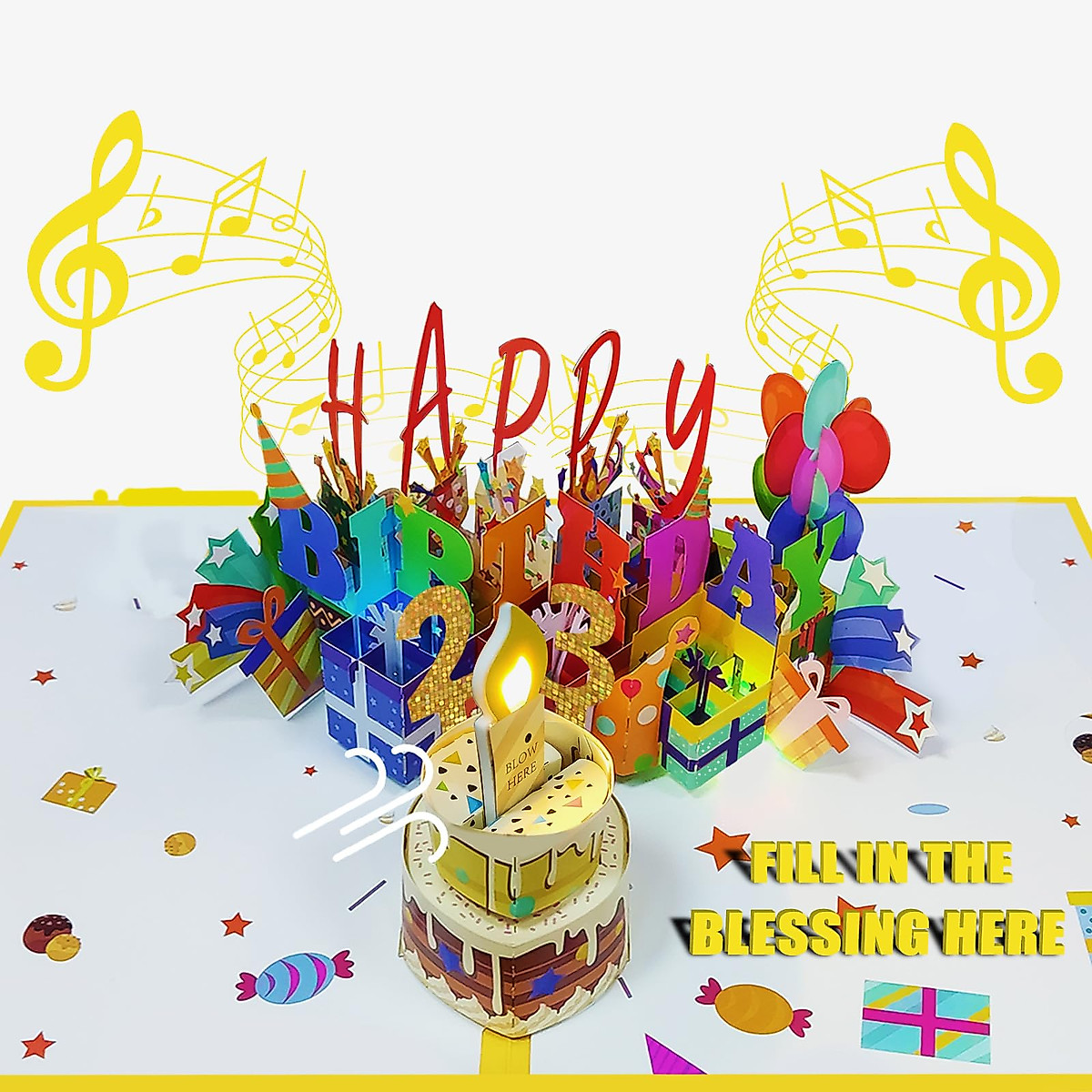 YIXIN Musical Birthday Cards with Light and Music, Blowable, 3D Birthday Popup Cards, Blow Out LED Light Candle– Plays Hit Song 'HAPPY Birthday' (Birthday Card)