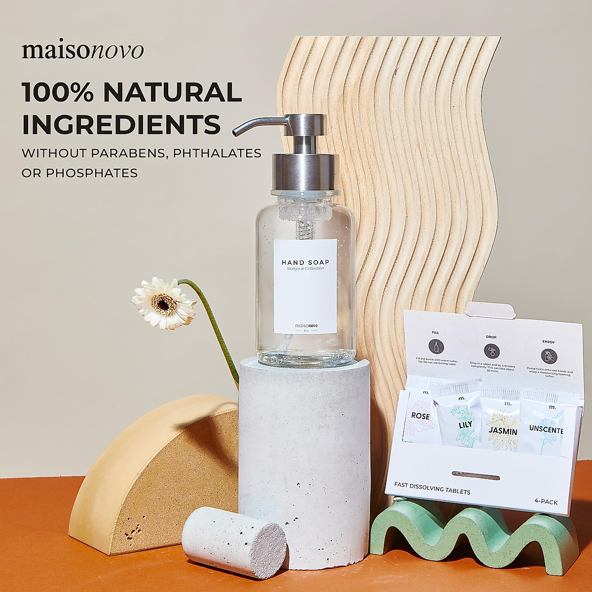 MaisoNovo Bathroom Soap and Lotion Dispenser Set - White Glass Black Pumps x 2-4 Mixed Pack Foaming Hand Soap Refill Tablets