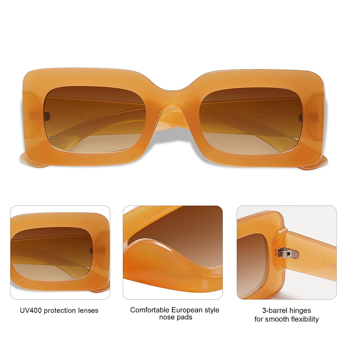 SOJOS Retro 90s Nude Rectangle Sunglasses Womens Mens Trendy Chunky Glasses Orange Frame Brown Lens