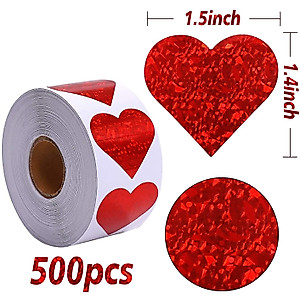 Valentines Glitter Red Heart Stickers - 1.5" Heart Decorative Labels 500 per Roll, Valentine's Day Love Decorations for Wedding, Anniversaries
