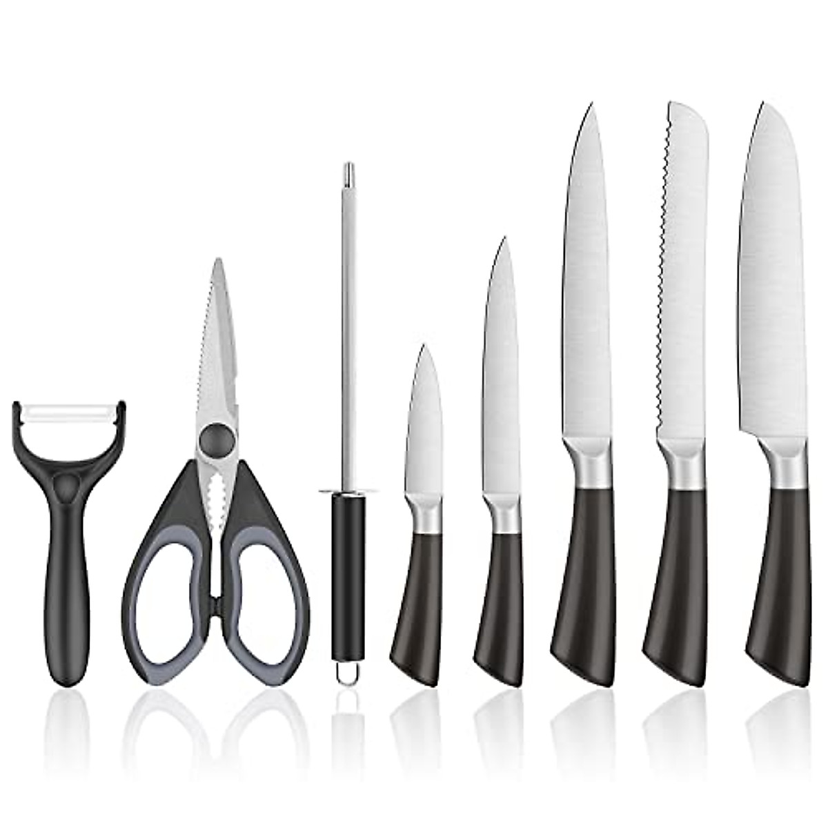 KIMIUP 9 Pieces Kitchen Knife Set with Block,5 Stainless Steel Knives and Scissors Peeler Knife Sharpener with Stand 360 Degree Revolving Base,Black Handle