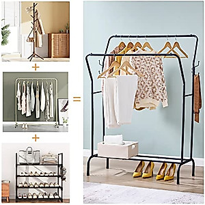 Hoctieon Double Rod Clothes Rack, Freestanding Garment Rack for Hanging Clothes, Metal Standing Clothes Rack, Industrial Clothing Rack, Portable Clothes Rack, Small Garment Rack, Black
